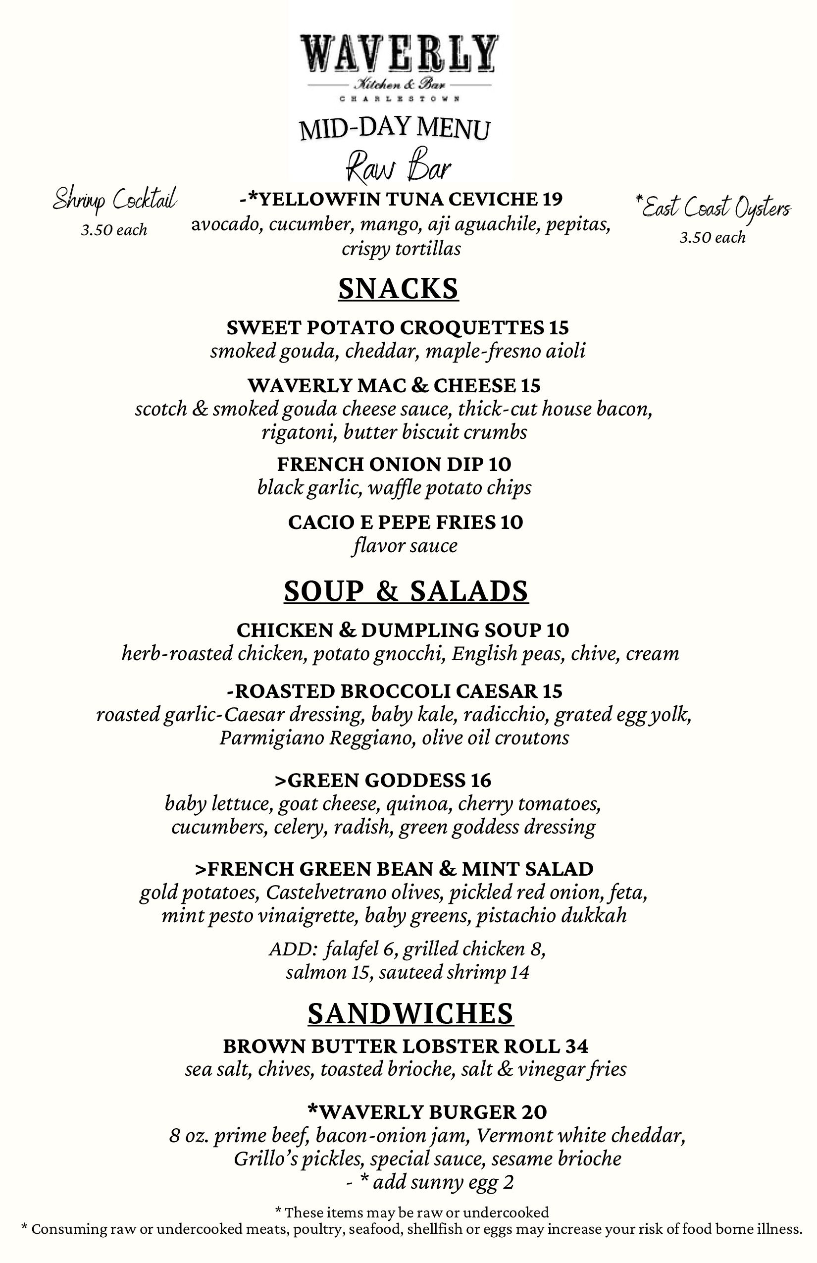 Lunch Menu - Waverly Kitchen & Bar Charlestown