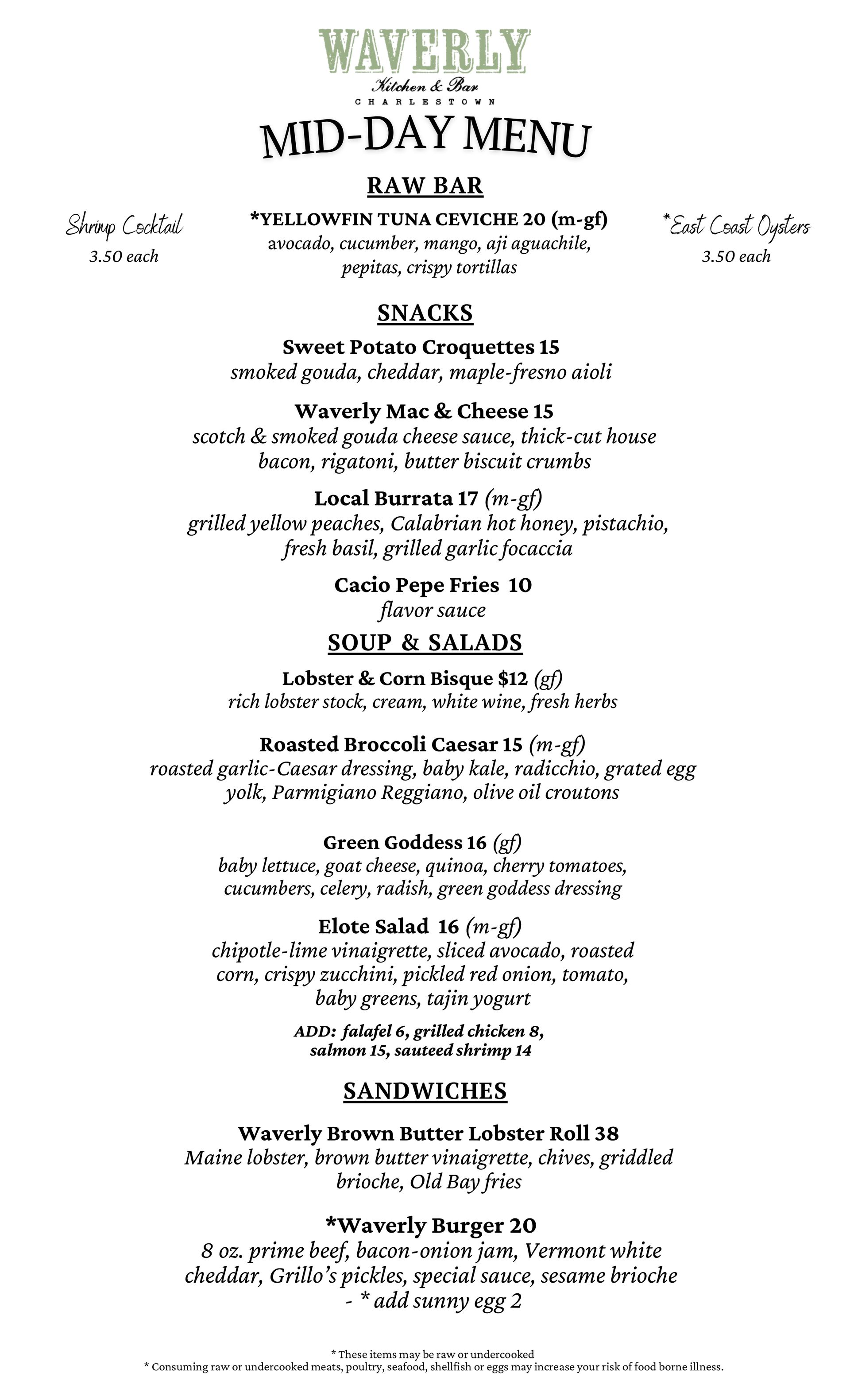 Lunch Menu - Waverly Kitchen & Bar Charlestown