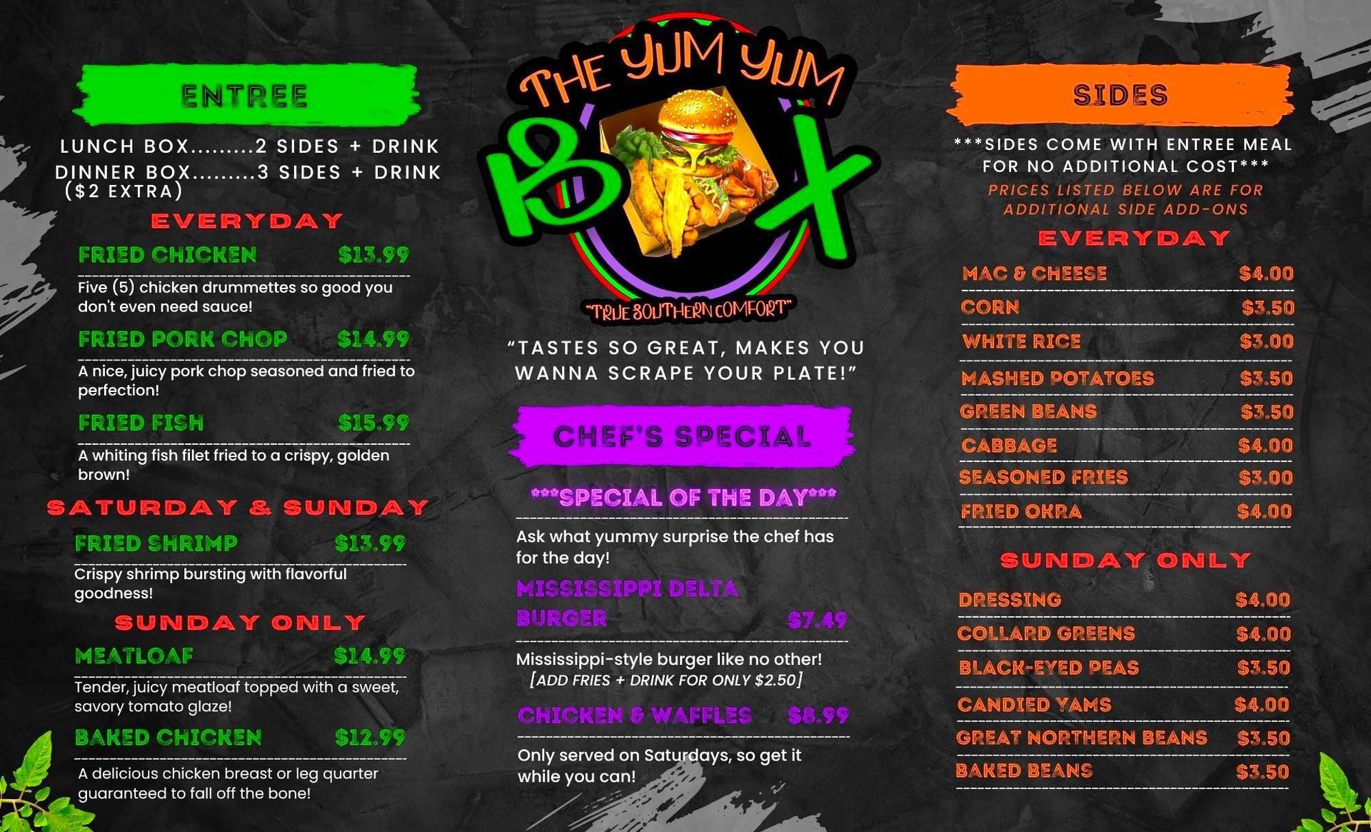 Menu for Southern Comfort Food | The Yum Yum Box | Lawton, OK