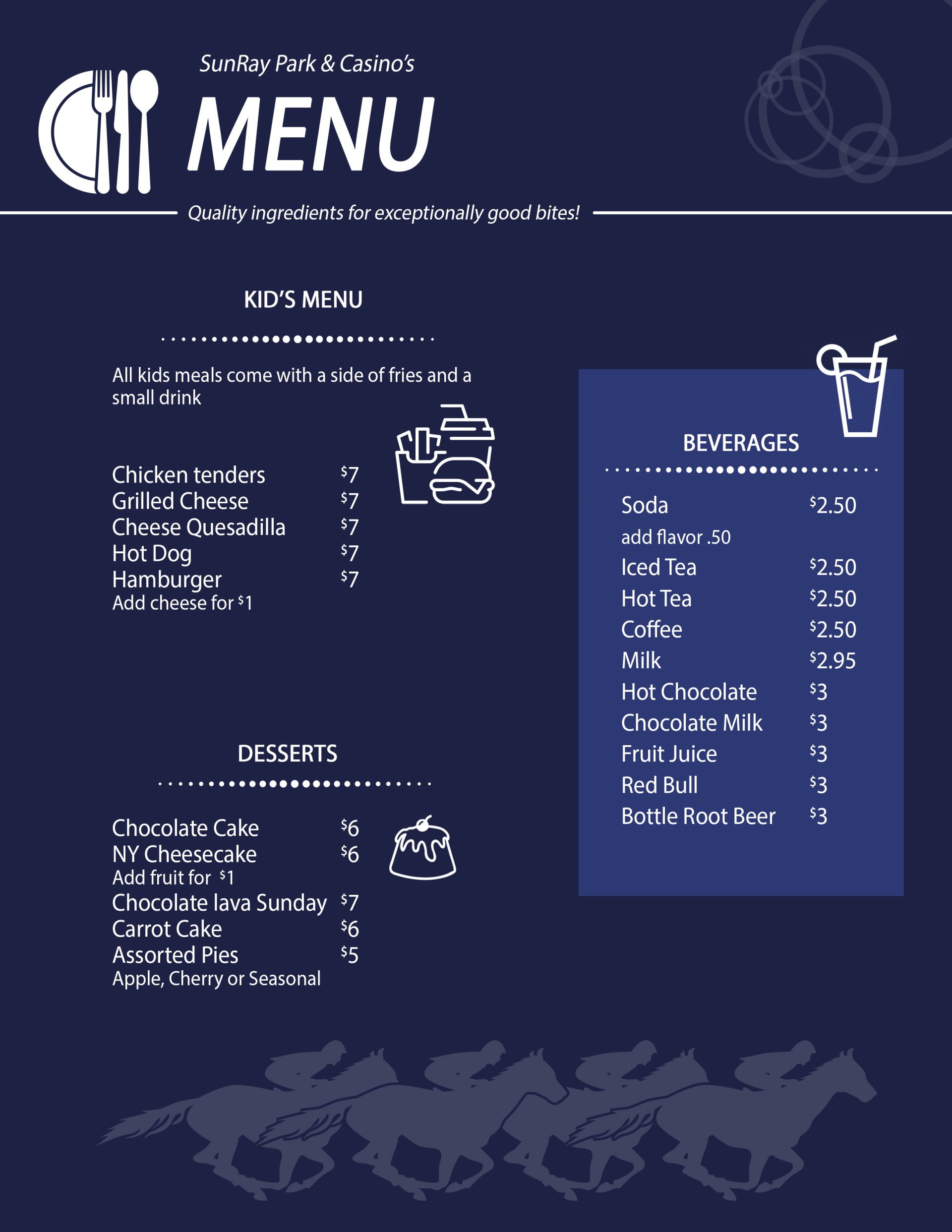 Sportz Arena Menu | SunRay Park & Casino