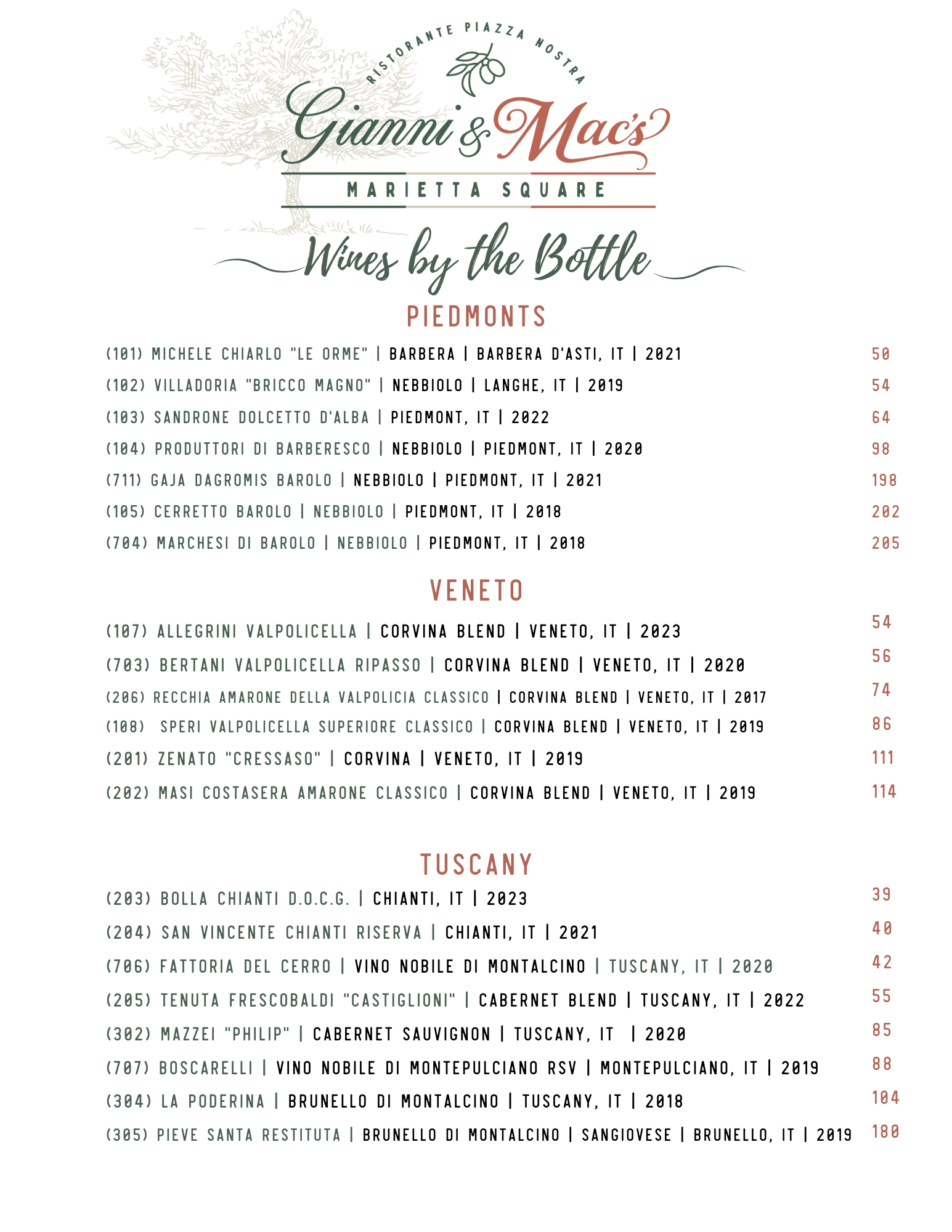 Bottle Wines Menu | Gianni & Mac's Ristorante