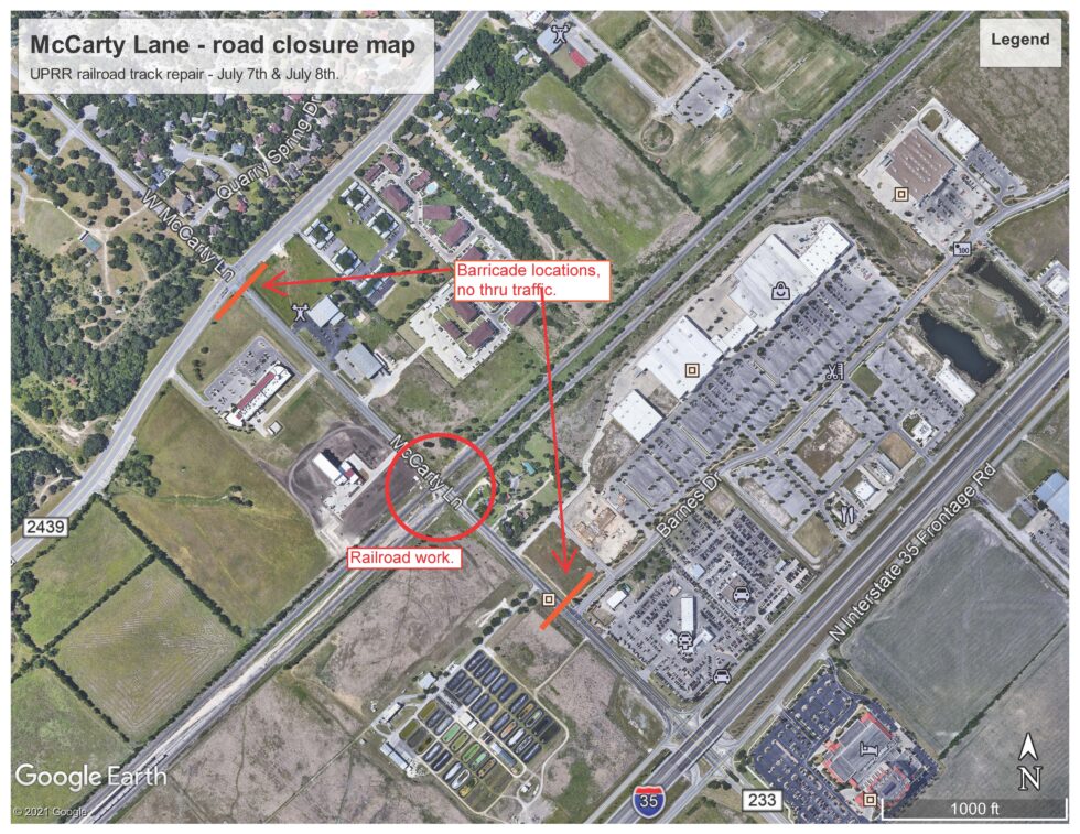 McCarty Lane Closed 7-7-21 to 7-8-21 Between Hunter & Barnes