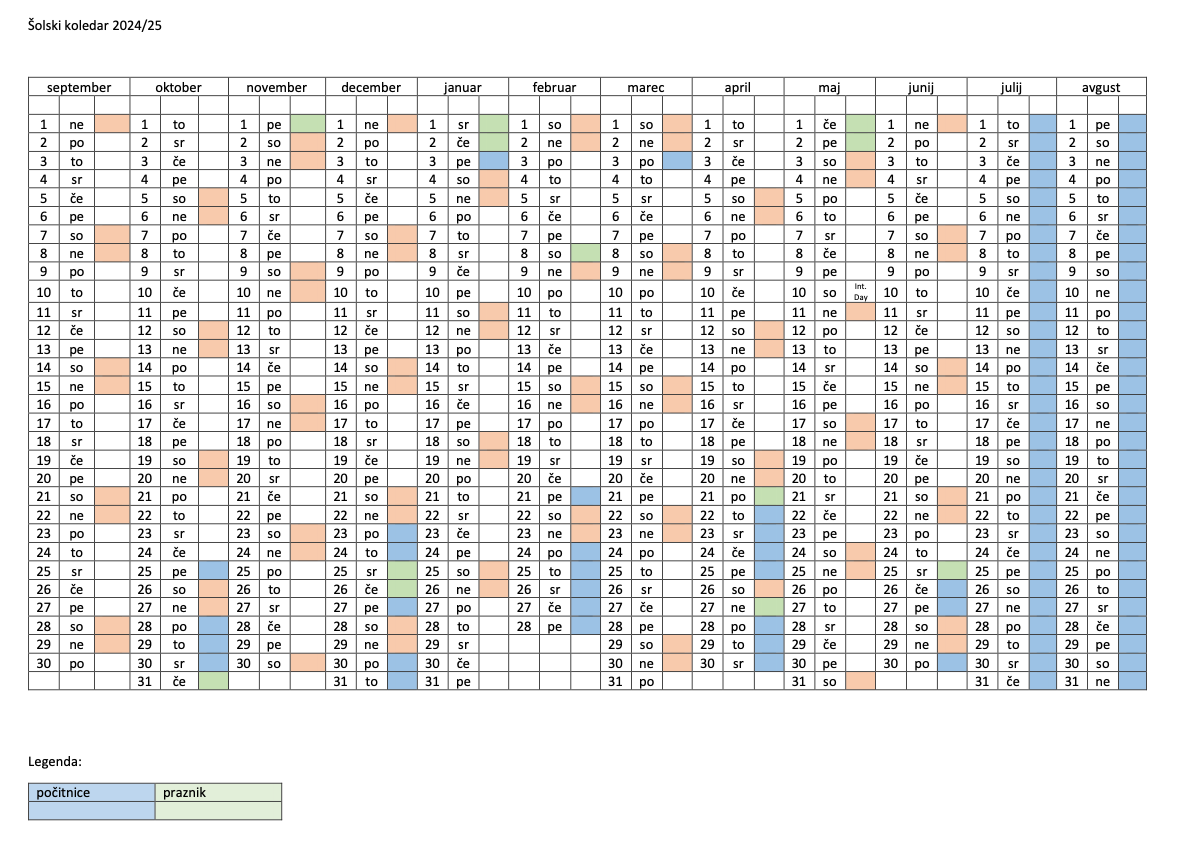 Šolski koledar 2024/2025
