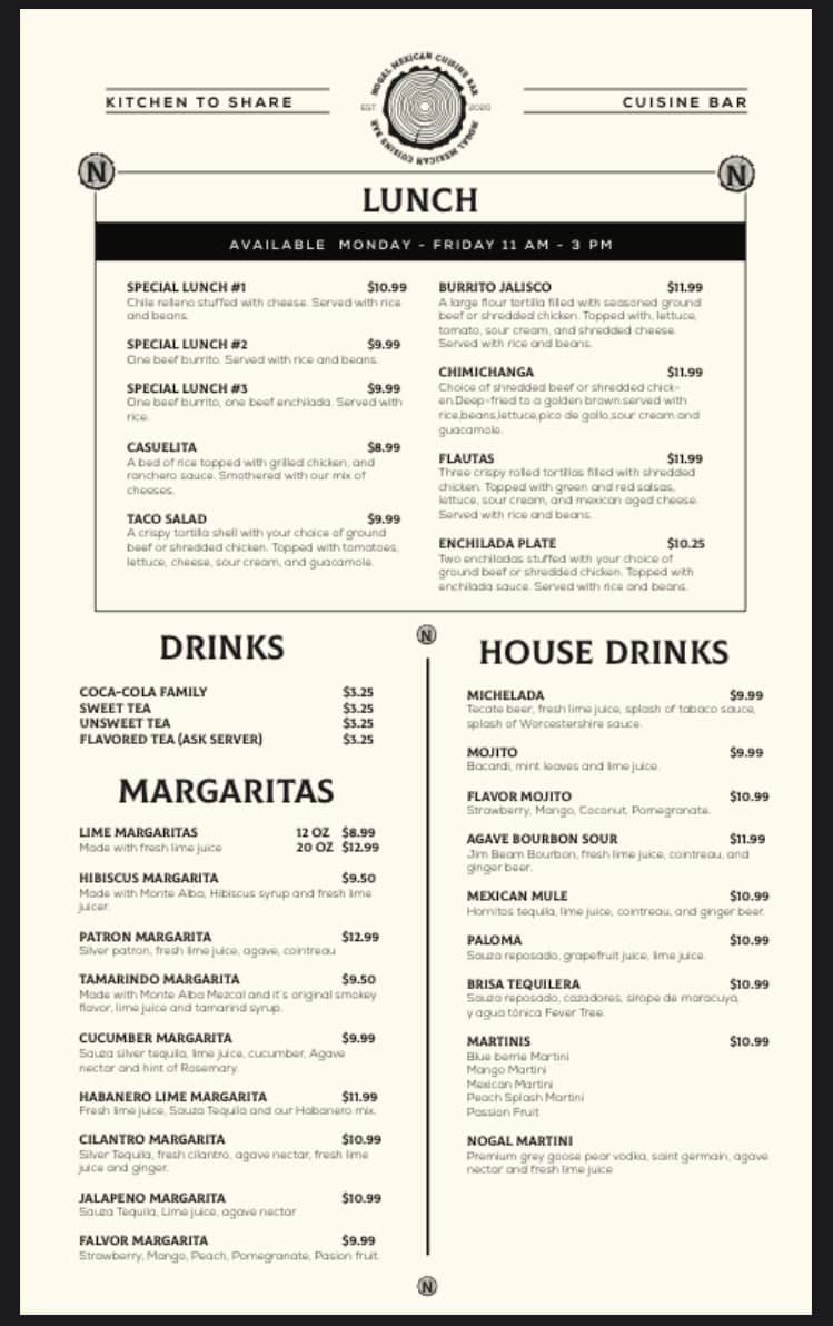 New Menu | Nogal Mexican Cuisine & Bar | Lake Charles, LA