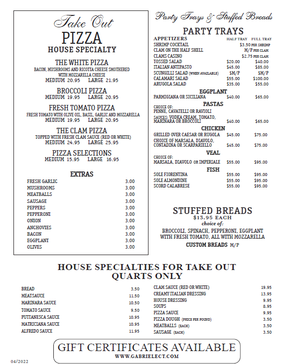 Gabriele’s Ristorante Italiano - Orange, CT - Menu