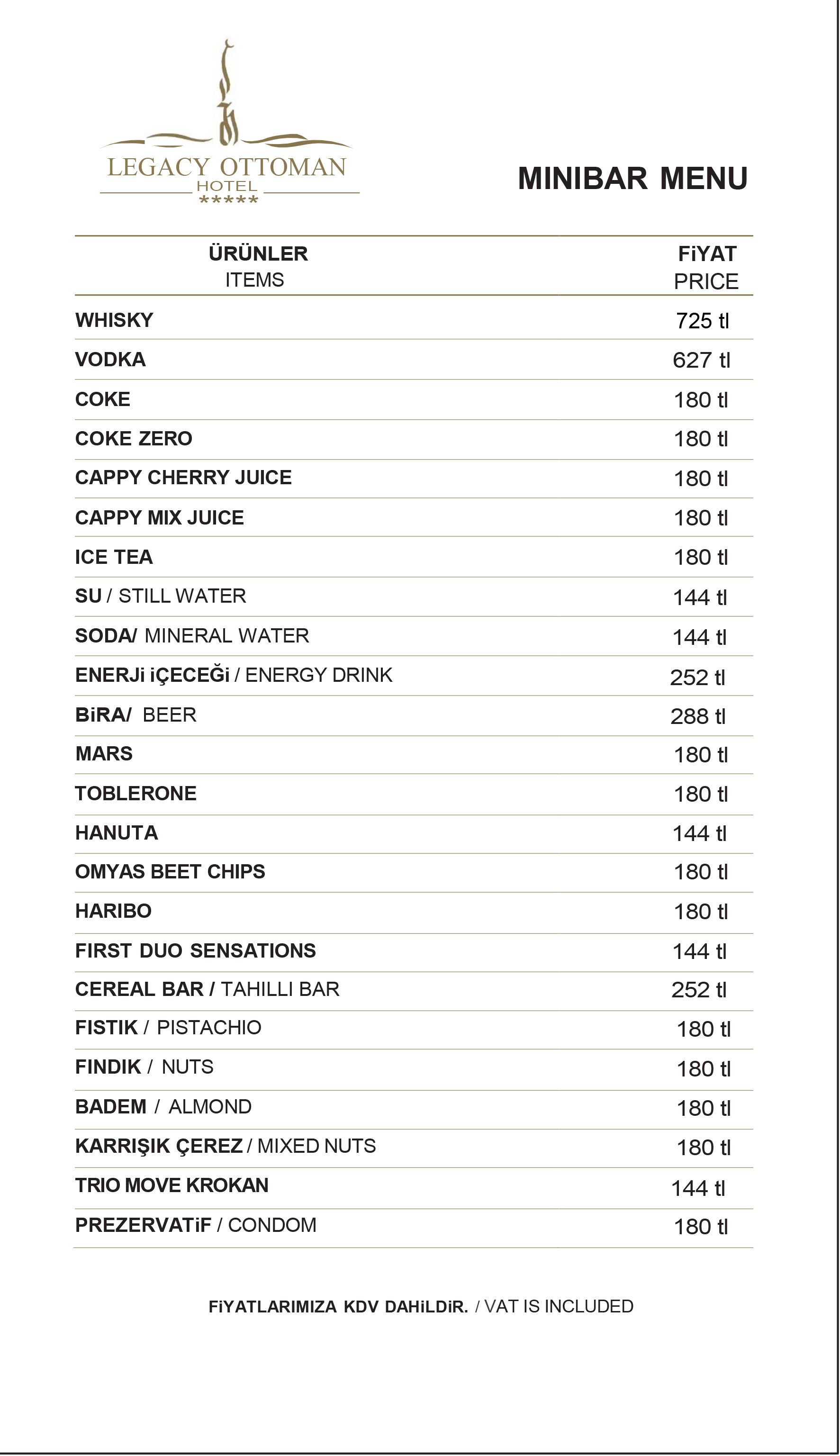 Minibar Menü – Legacy Ottoman Hotel