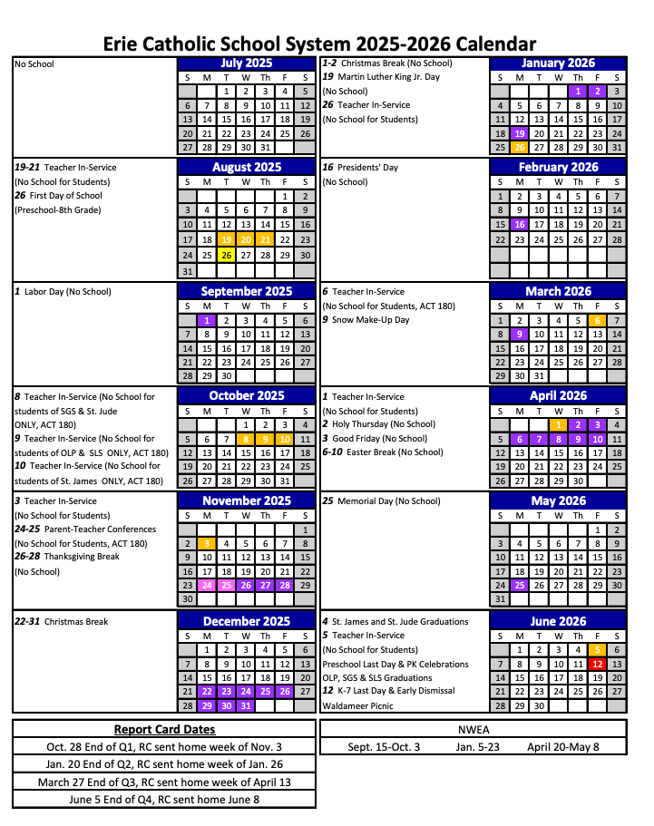 Academic Calendar | Erie Catholic School System
