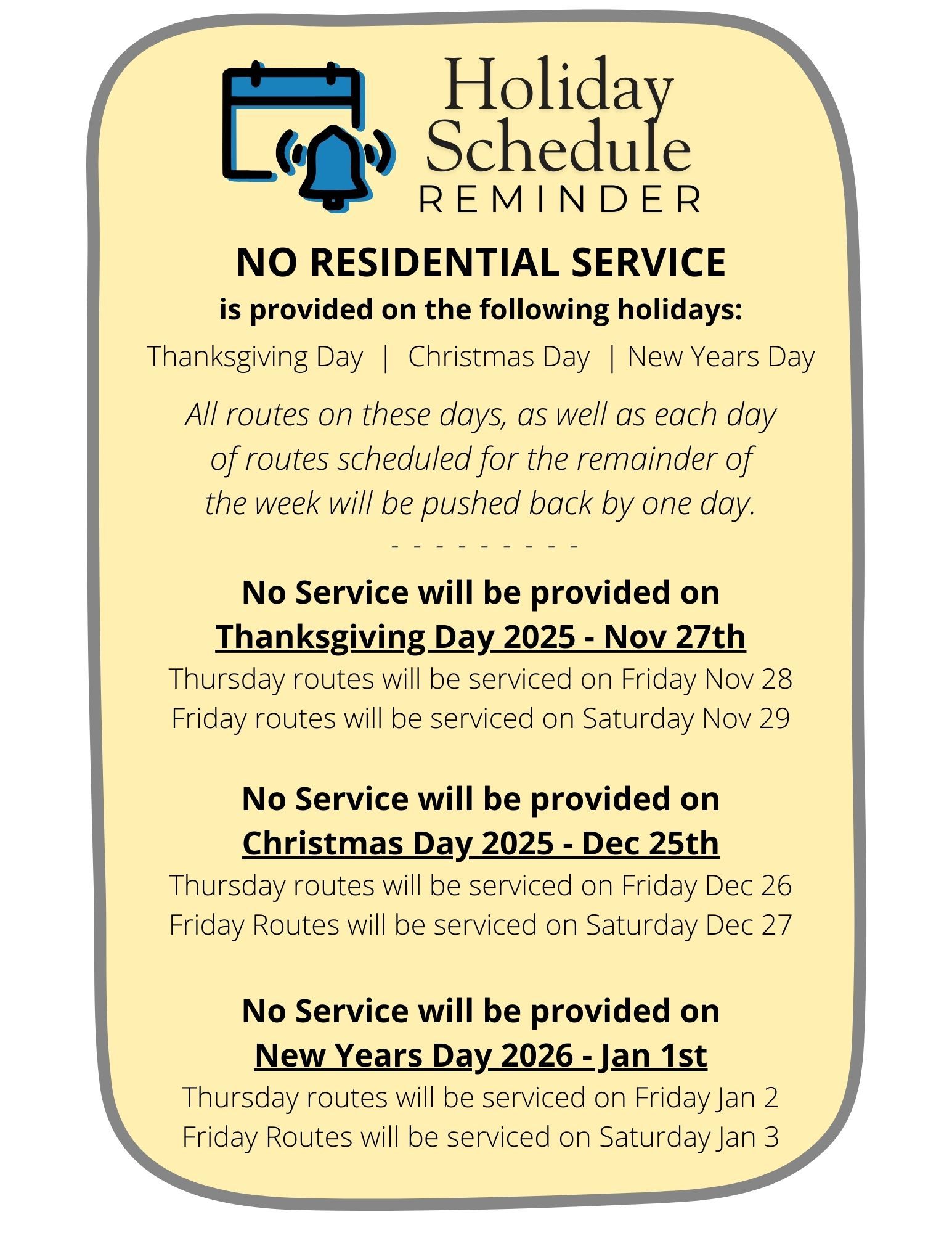 HOLIDAY SERVICE CHANGES