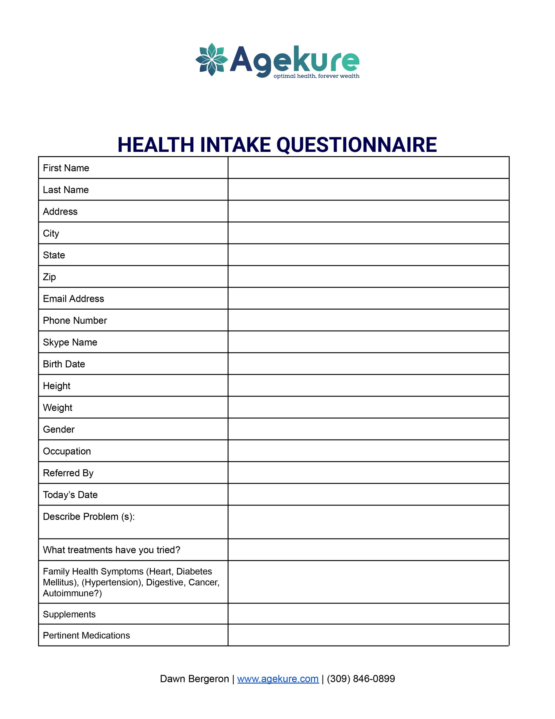 INTAKE + ASSESSMENT FORMS | Agekure Health Coaching