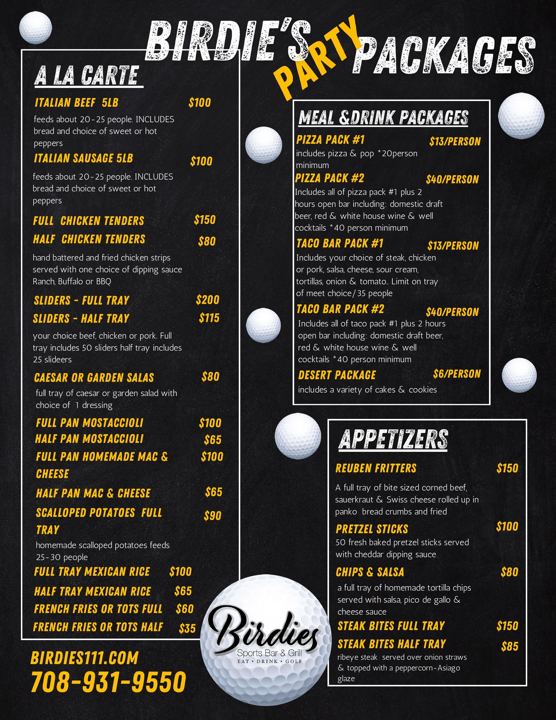 Menus | Birdies Sports Bar