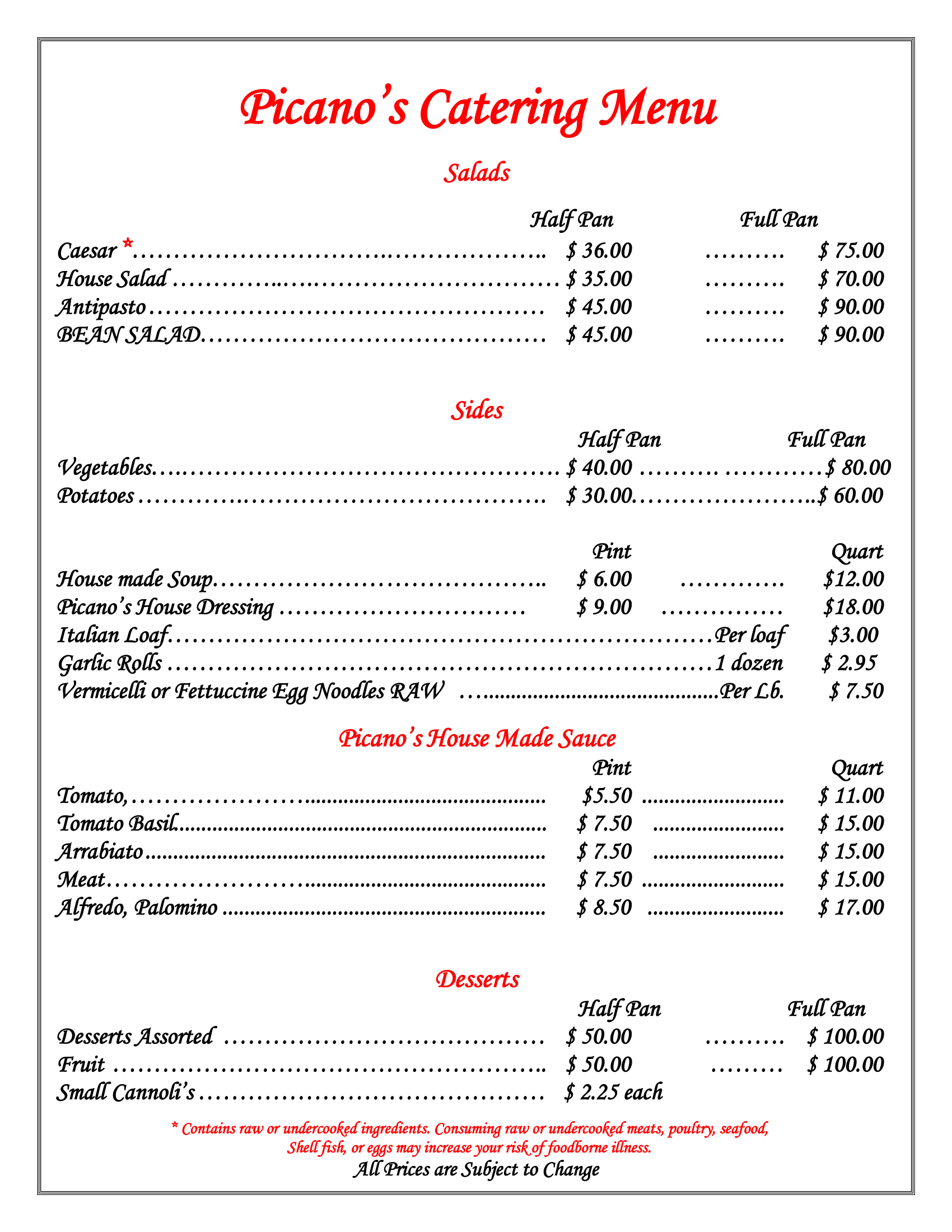 Catering Menu Options – Troy, MI – Picano’s Italian Grille