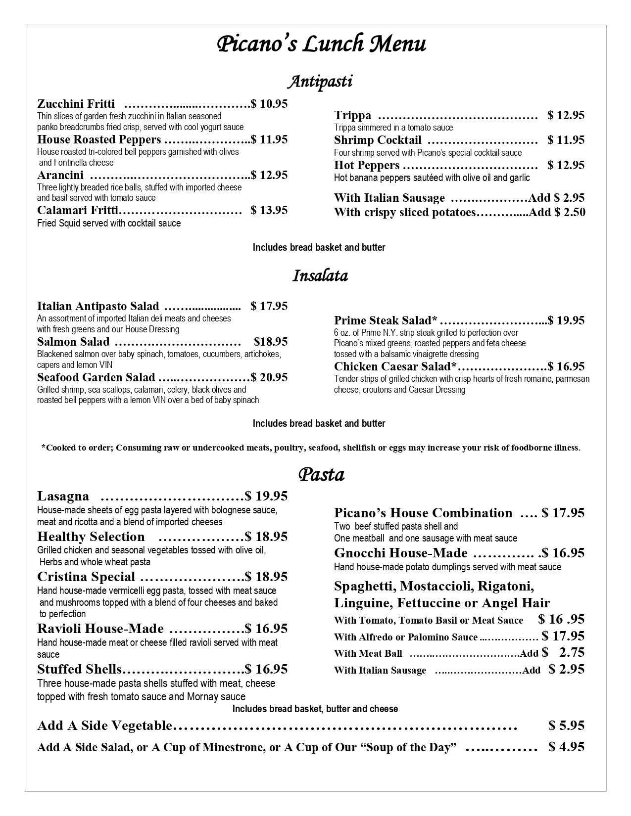 Dinner Menu Selection – Troy, MI – Picano’s Italian Grille