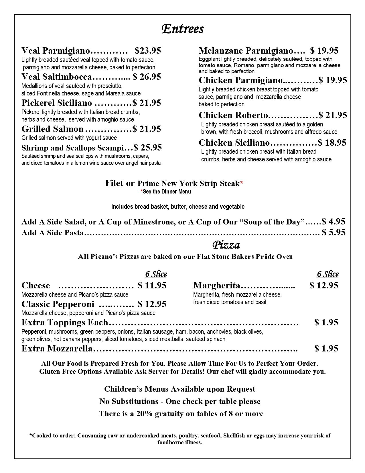 Dinner Menu Selection – Troy, MI – Picano’s Italian Grille