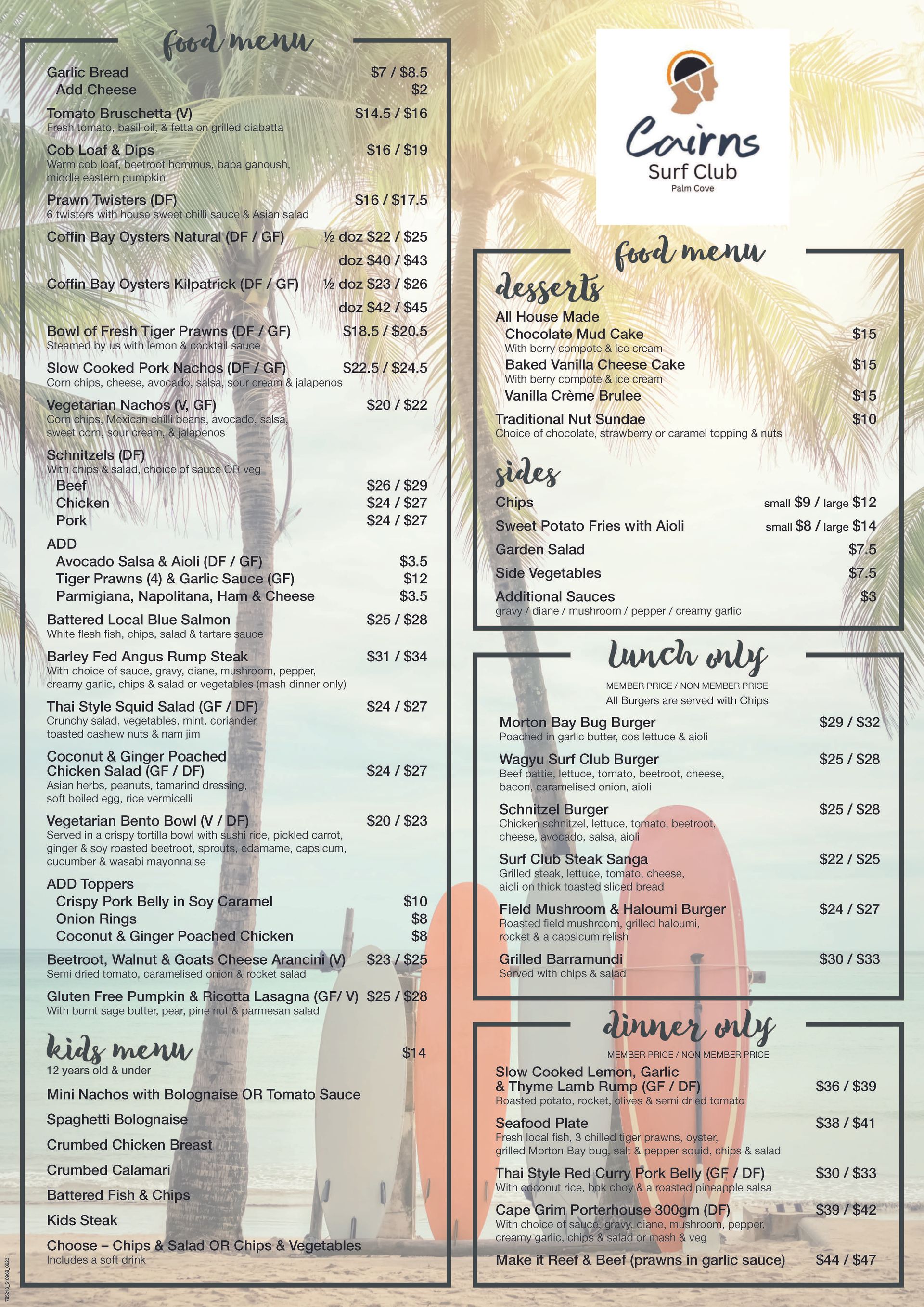 Bistro Menu - Surf Club Palm Cove