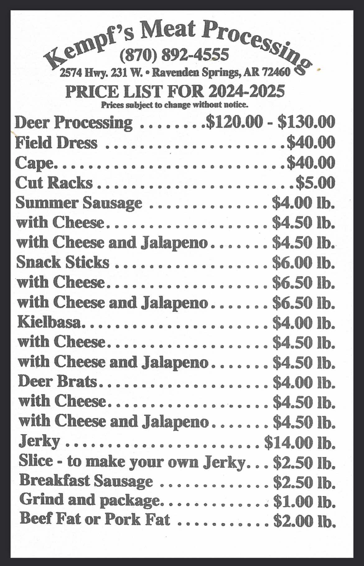 Meat Processing | Kempf's Meat Processing | Ravenden Springs