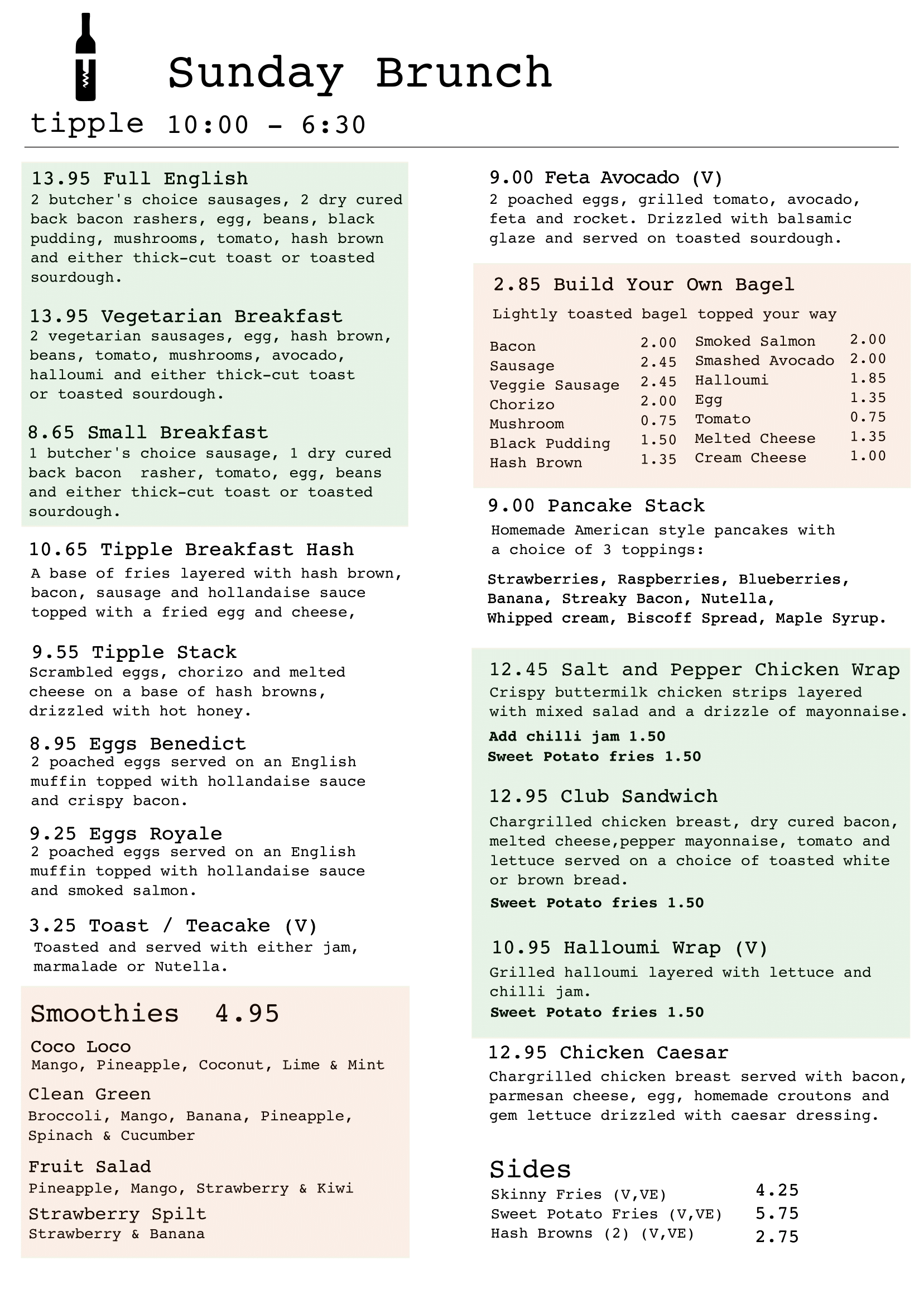 sunday menu | tipple | bar & eatery | ainsdale