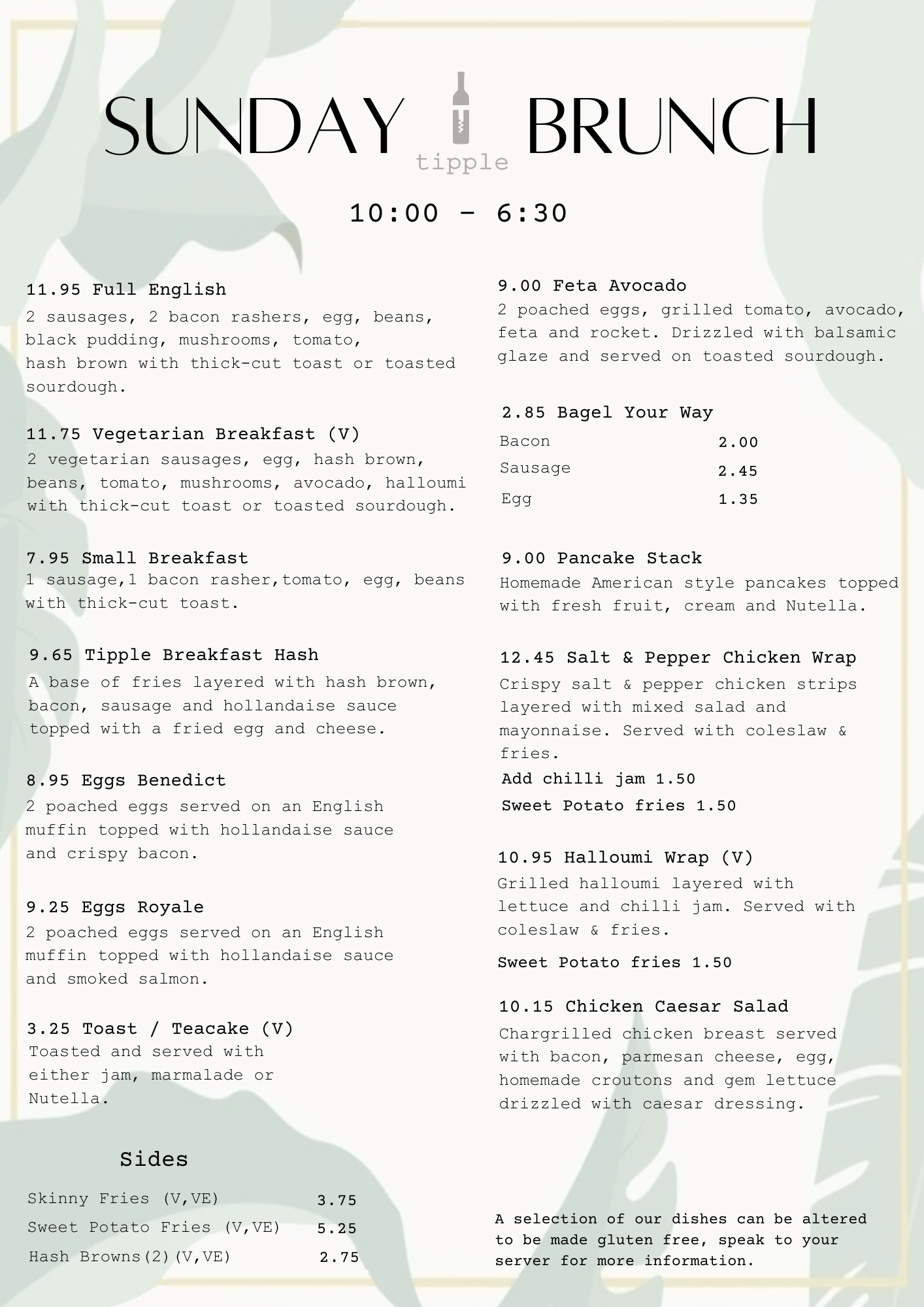 sunday menu | tipple | bar & eatery | ainsdale