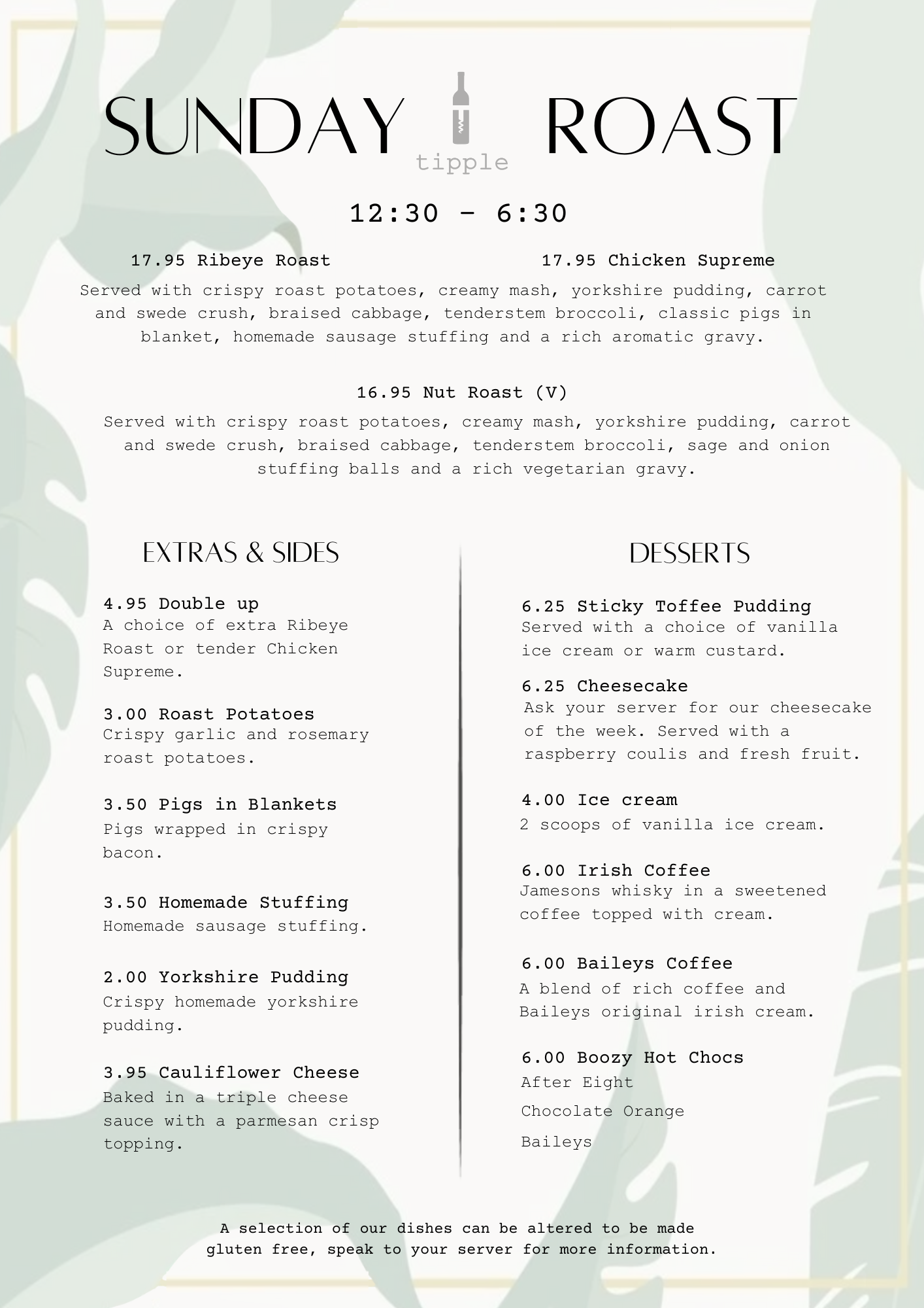 sunday menu | tipple | bar & eatery | ainsdale