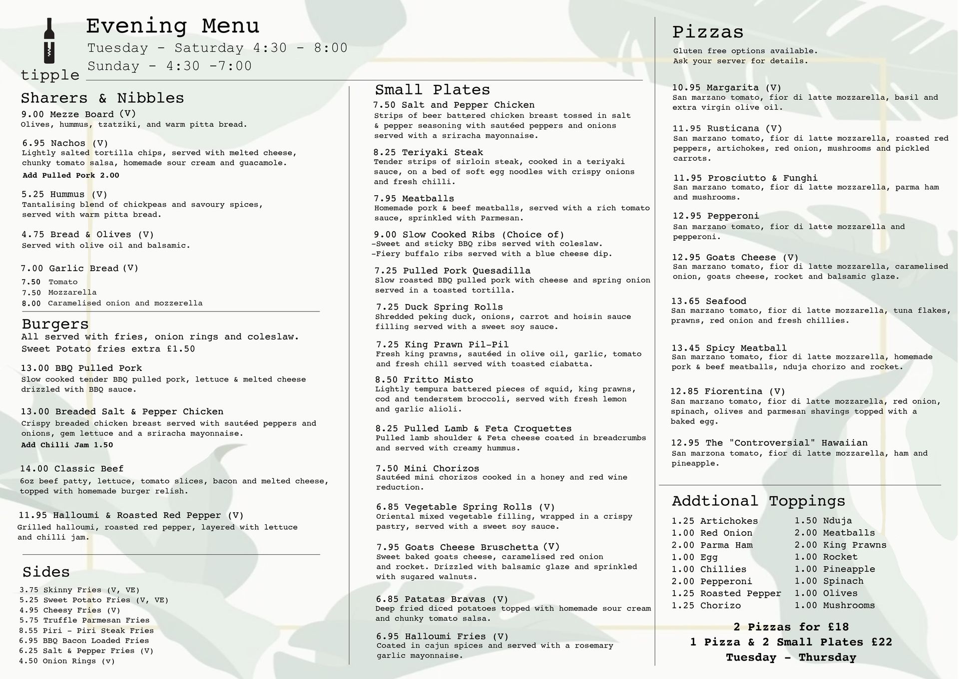 menu | tipple | bar & eatery | ainsdale