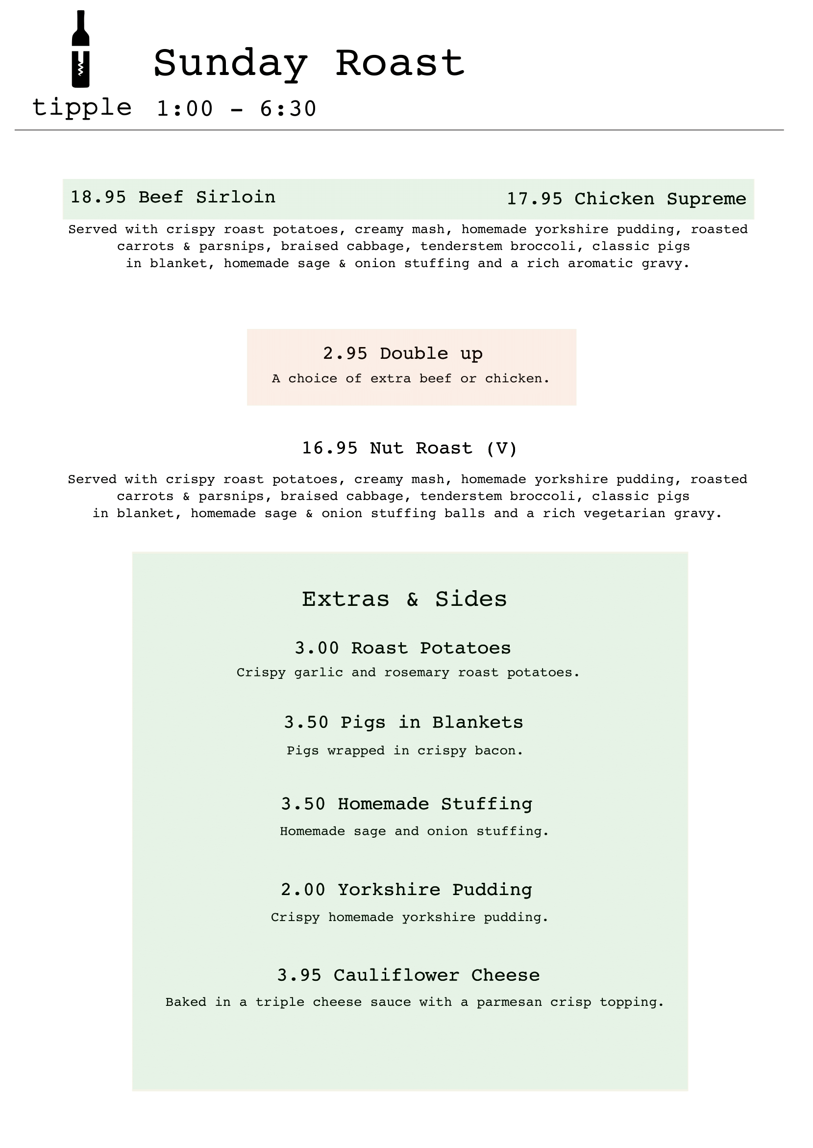 sunday menu | tipple | bar & eatery | ainsdale