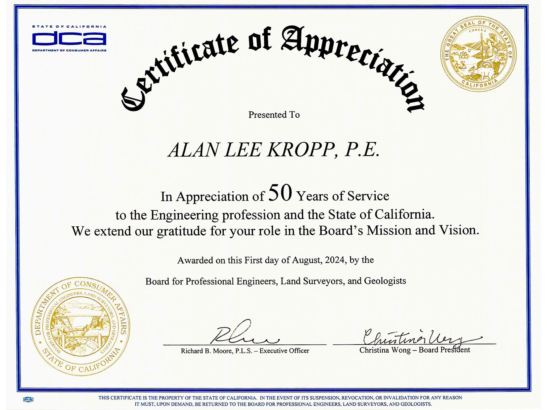 Alan Kropp Recognized for 50 Years of Service