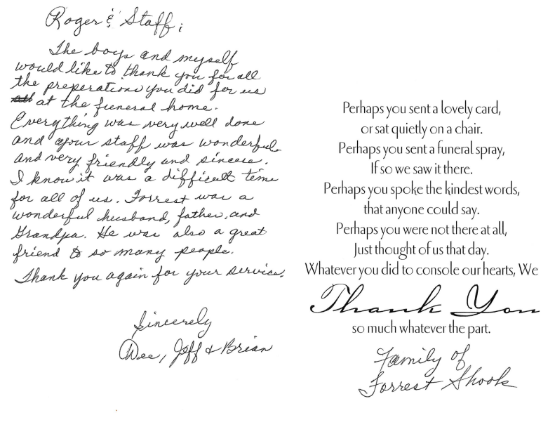 Thank You Note | Sharp Funeral Homes