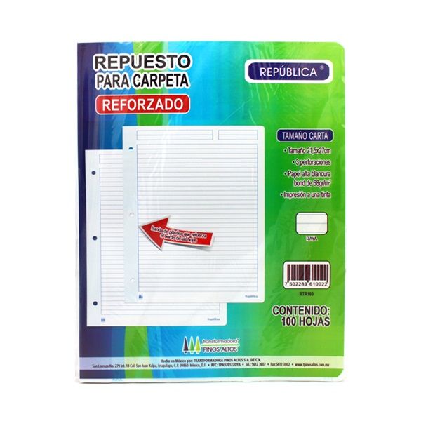 HOJA DE REPUESTO PARA CARPETA RAYA REFORZADO REPUBLICA