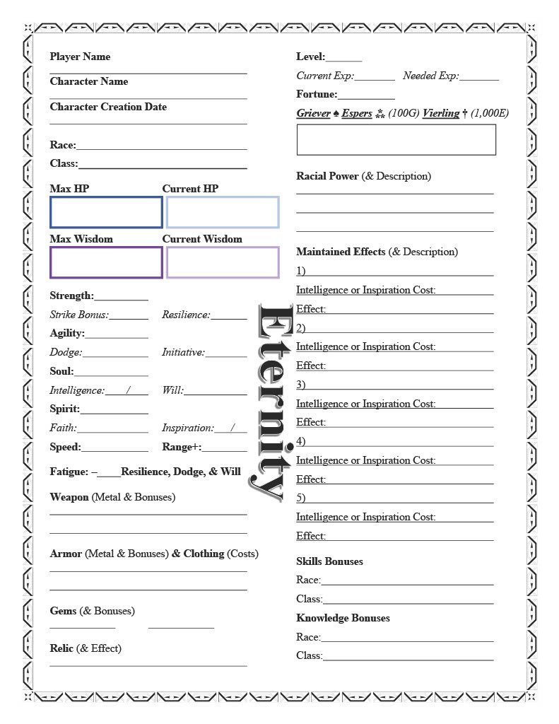 Character Sheet Eternity TTRPG Character Sheet Eternity TTRPG