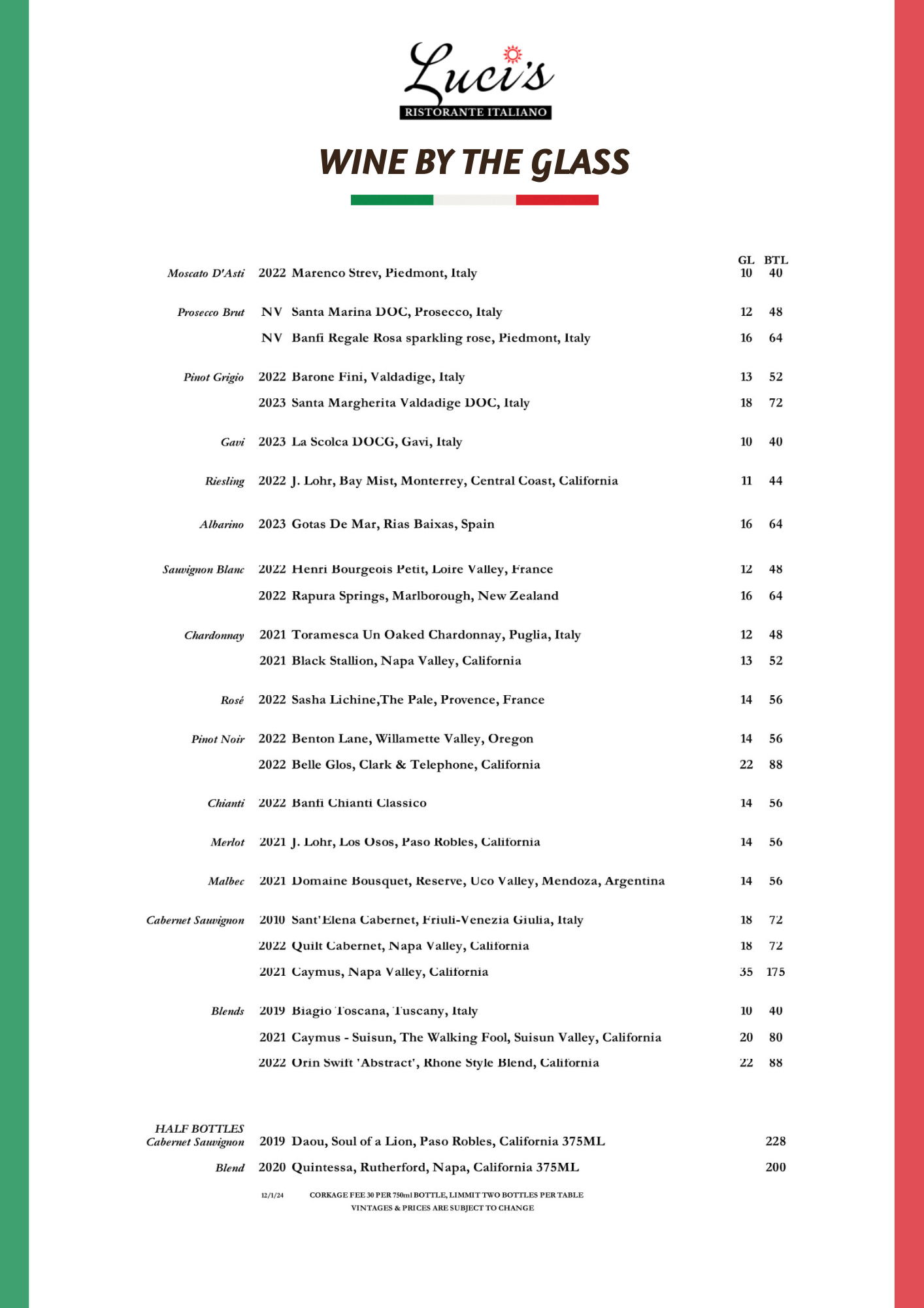 Wine Menu | Luci's Restorante Italiano | Italian Restaurant ...