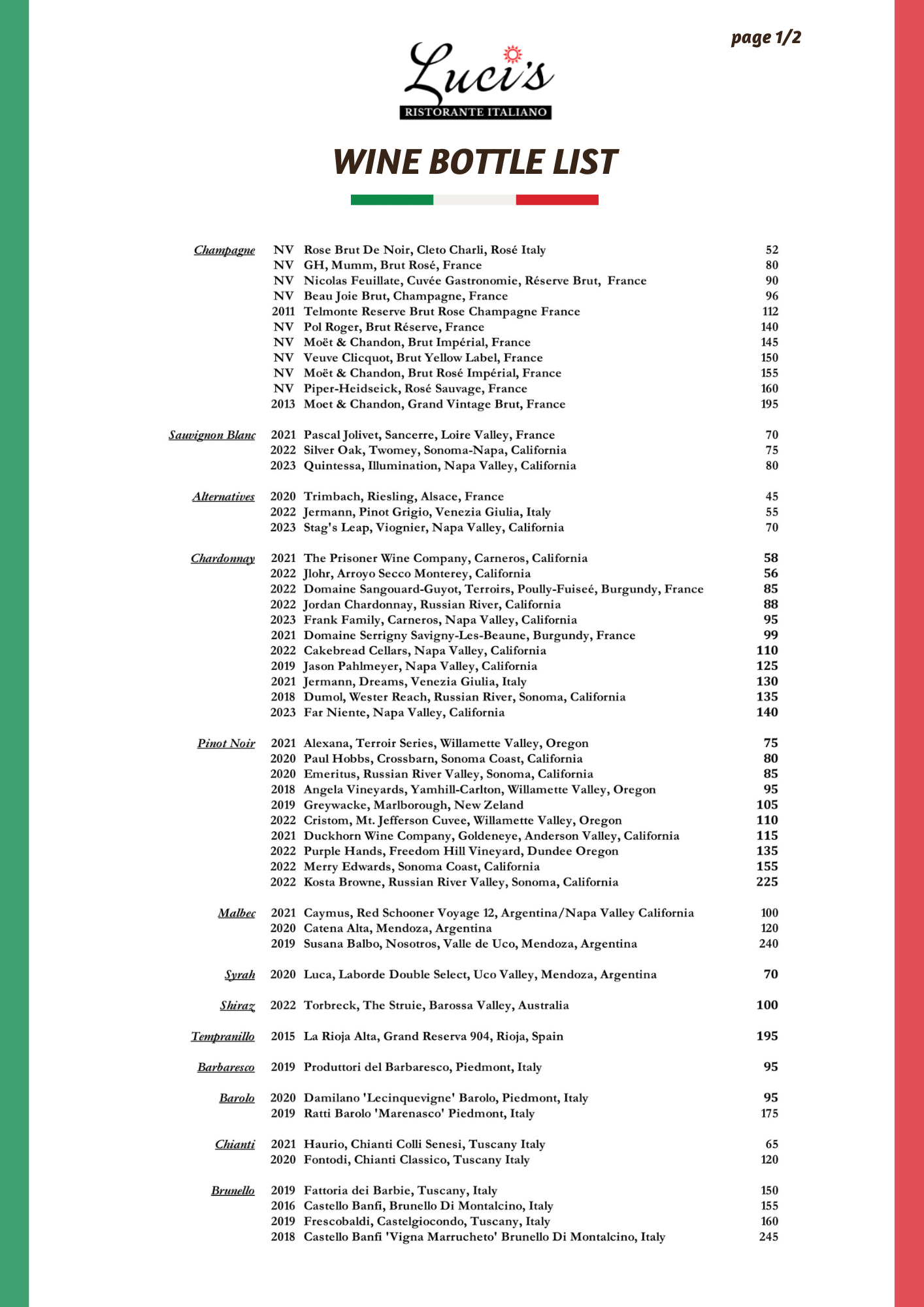 Wine Menu | Luci's Restorante Italiano | Italian Restaurant ...