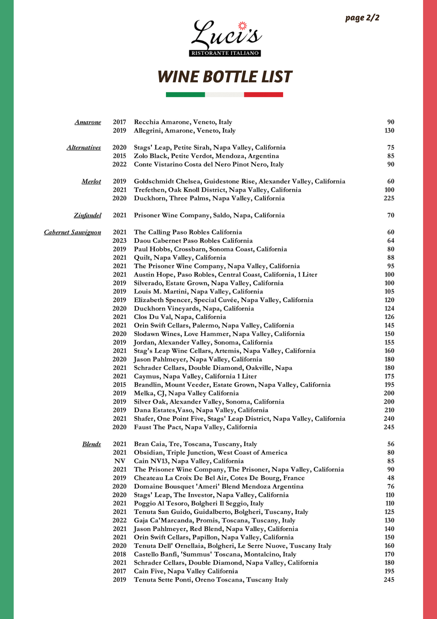 Wine Menu | Luci's Restorante Italiano | Italian Restaurant ...