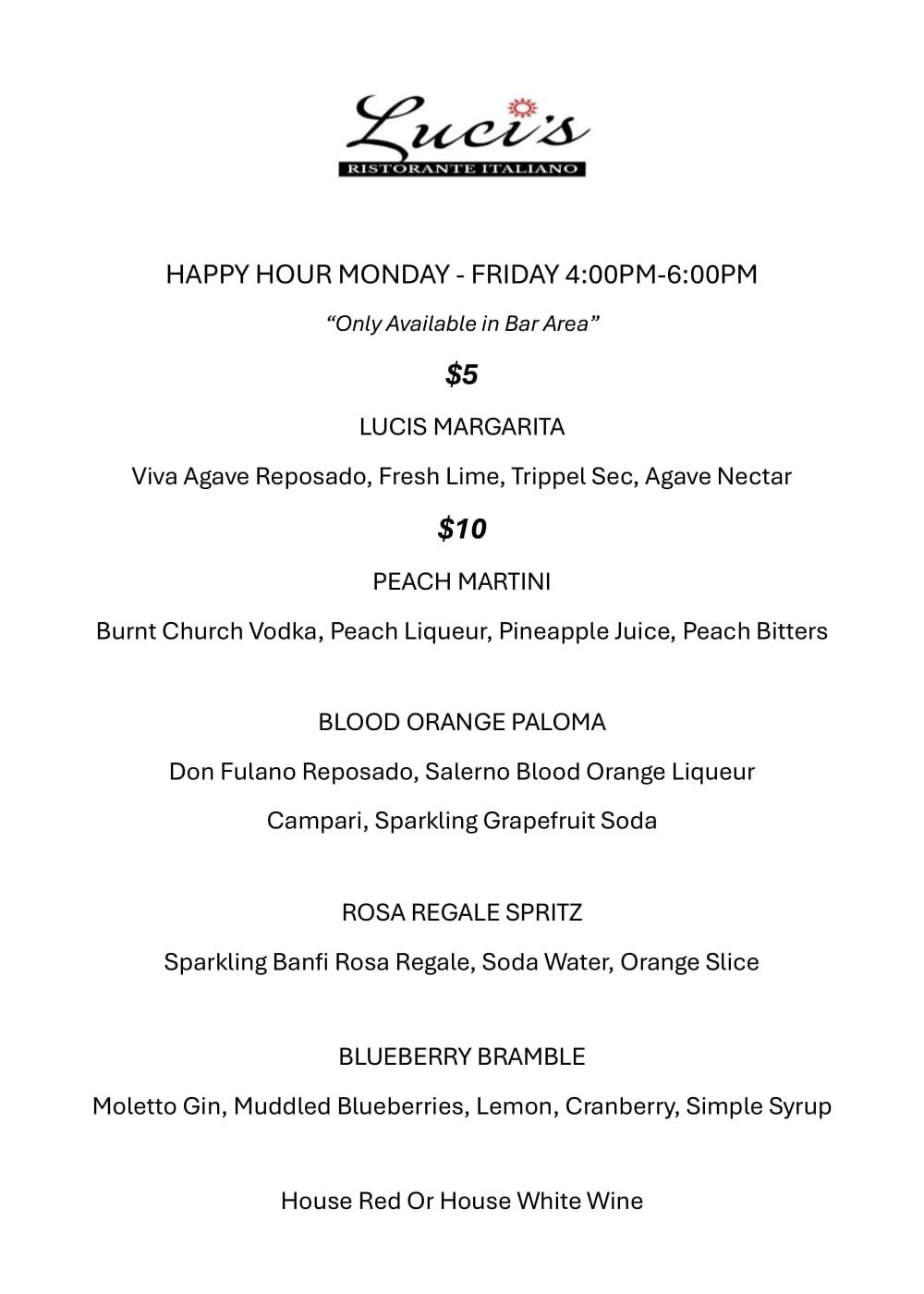 Happy Hour Menu | Luci's Restorante Italiano | Italian Restaurant ...