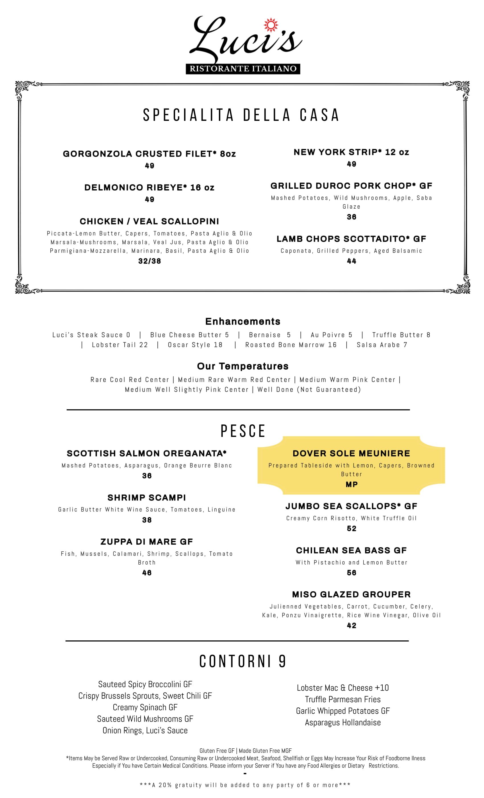 Dinner Menu | Luci's Restorante Italiano | Italian Restaurant ...