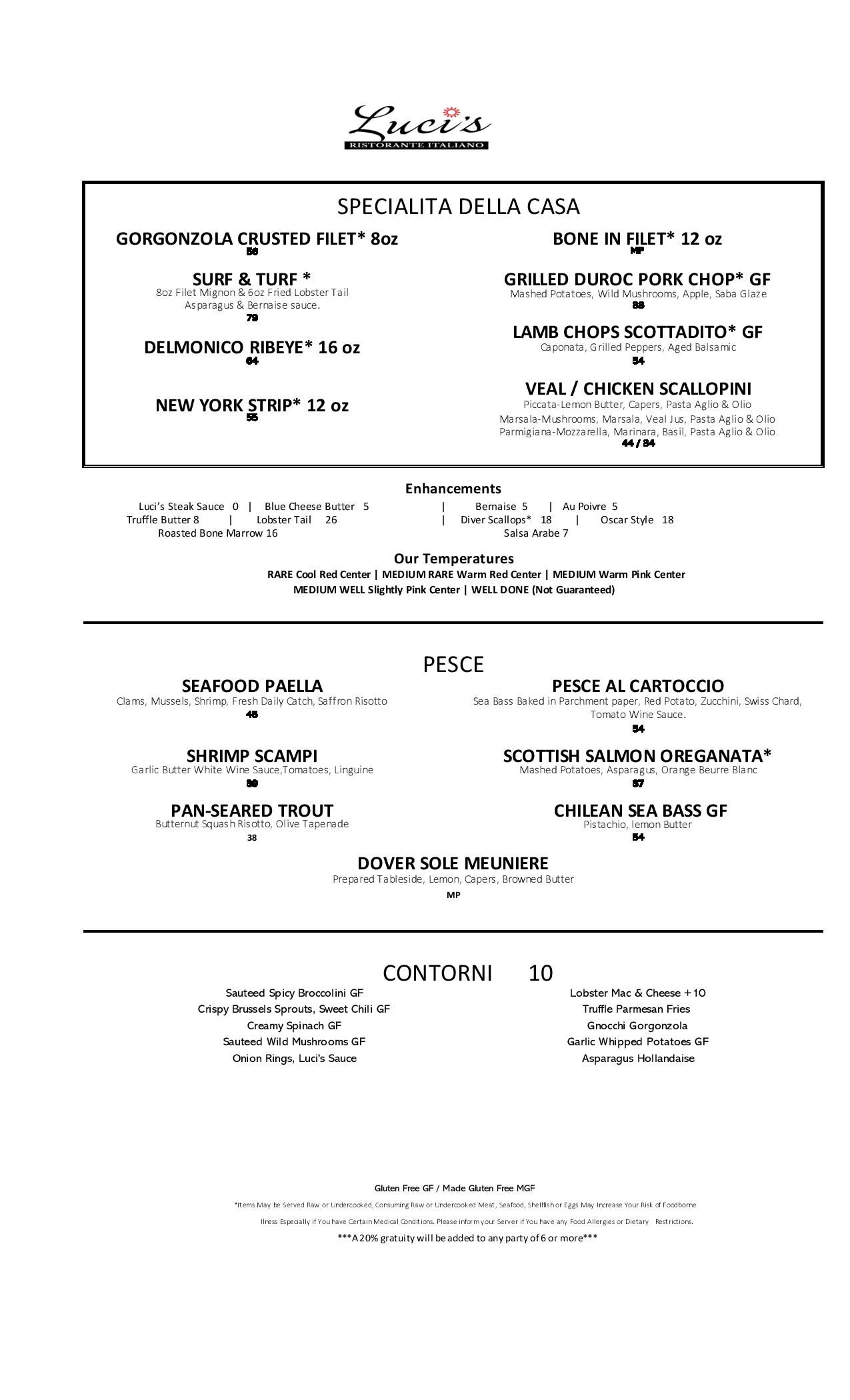 Dinner Menu | Luci's Restorante Italiano | Italian Restaurant ...