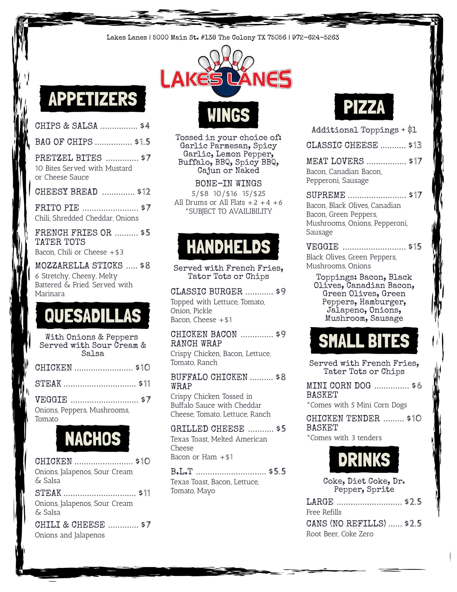 Food Menu | Lakes Lanes The Colony