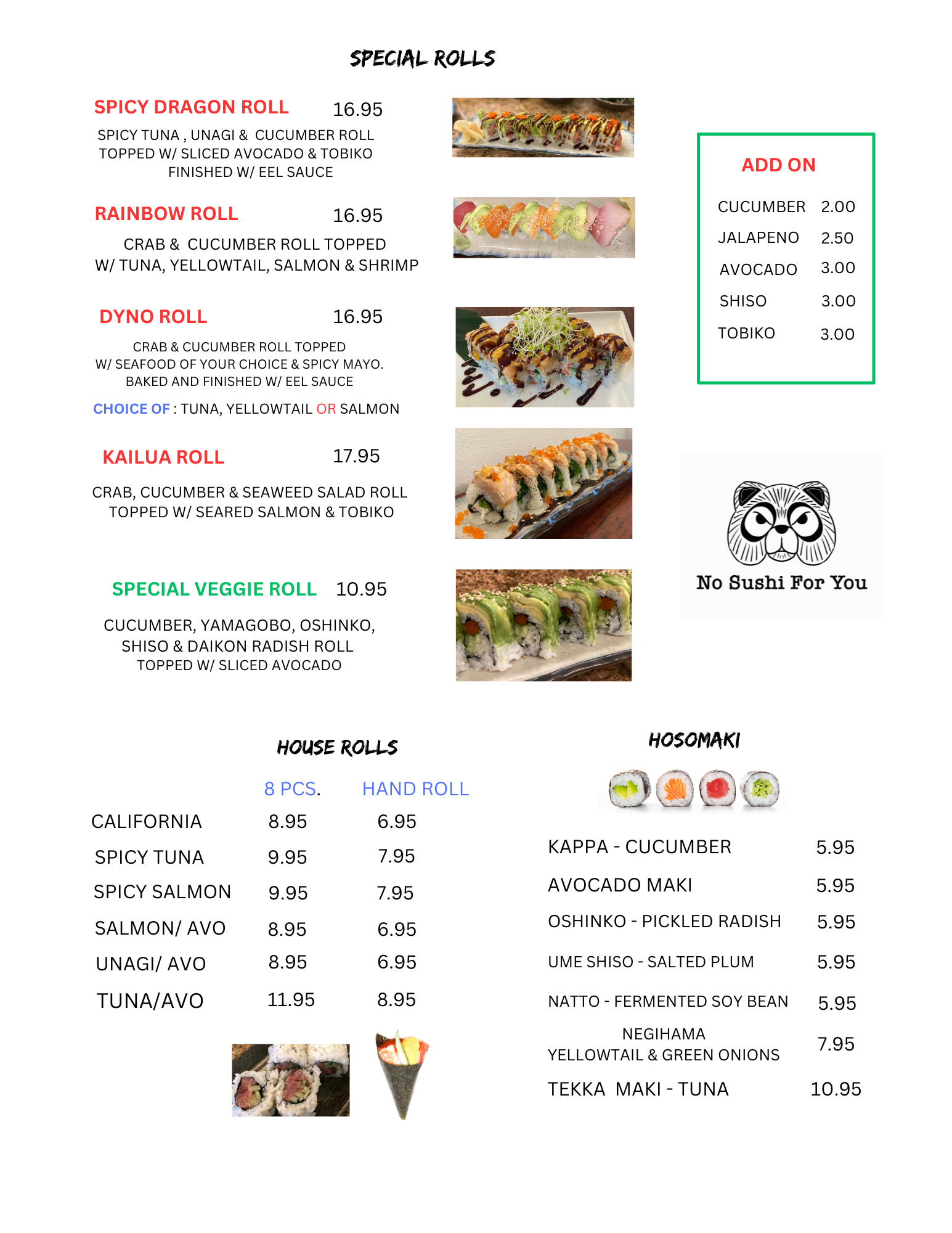 Tanuki Sushi Hawaii - Menu