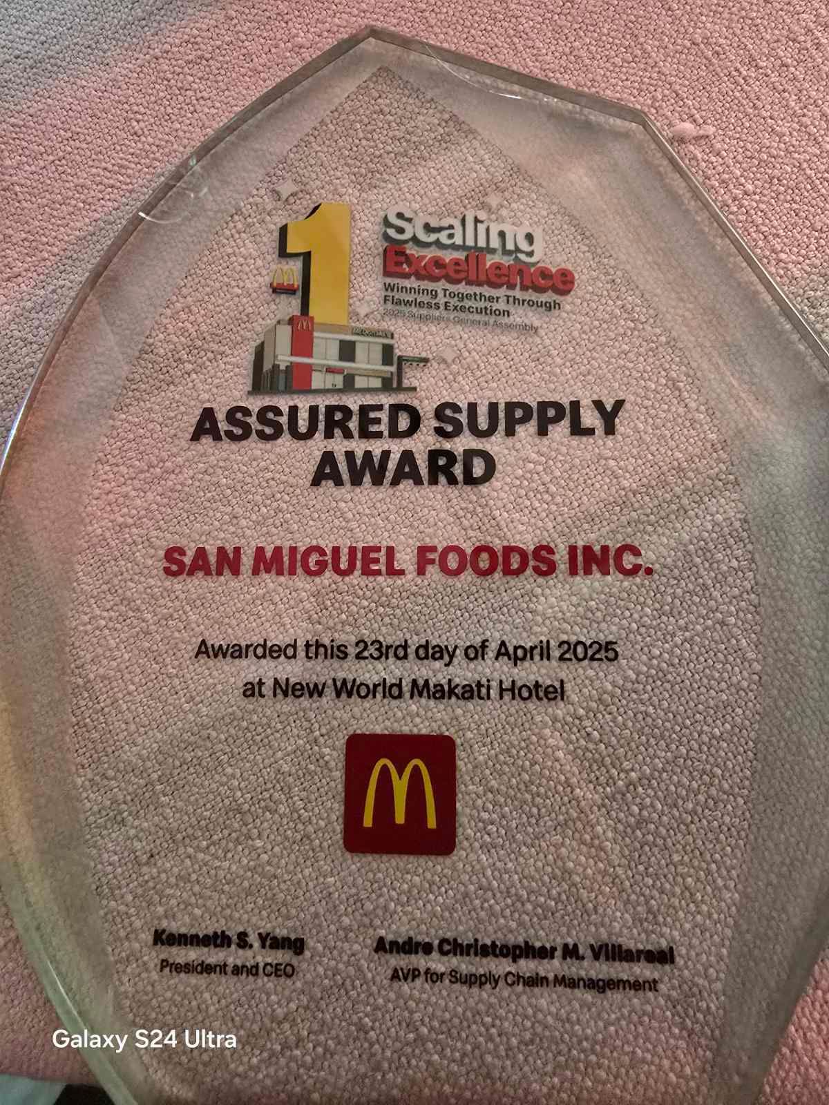 San Miguel Foods, Inc. wins triple recognition from McDonald’s Philippines