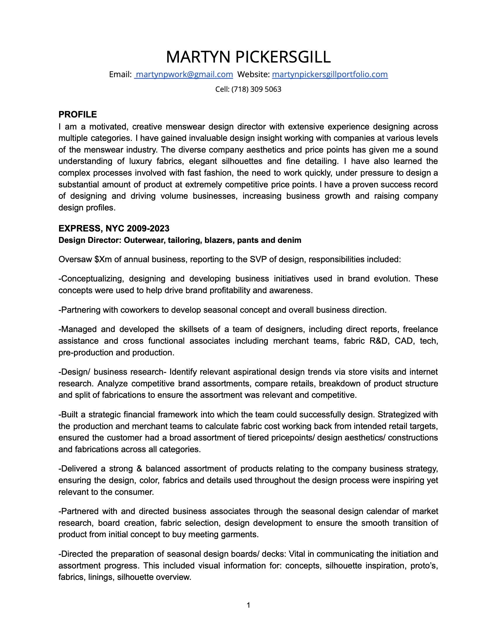 Martyn Pickersgill. Resume page