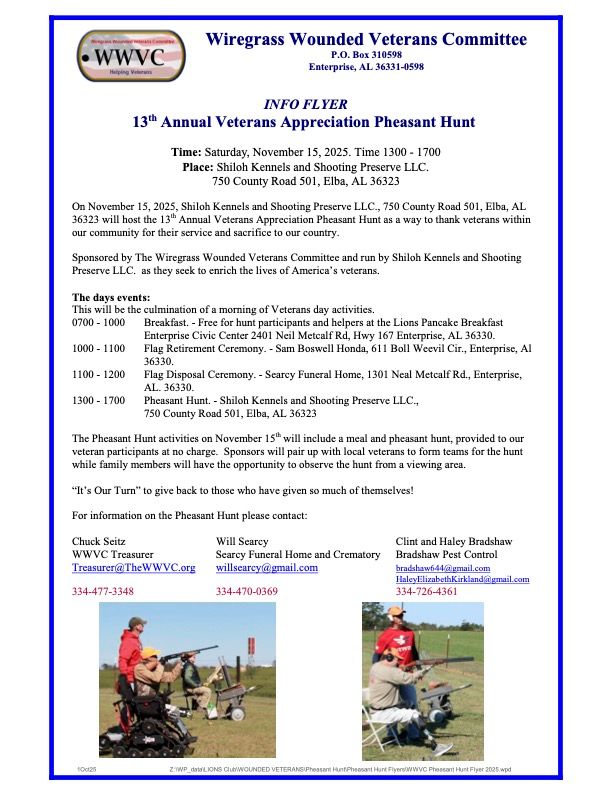 Pheasant Hunt | Enterprise Lions Club | Enterprise, AL