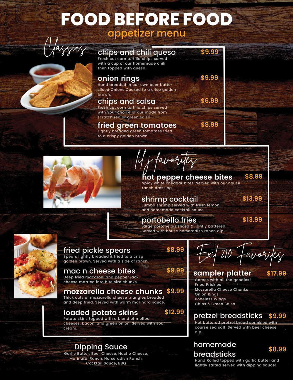 Restaurant Menu | Danville, IL | Exit 210 Saloon