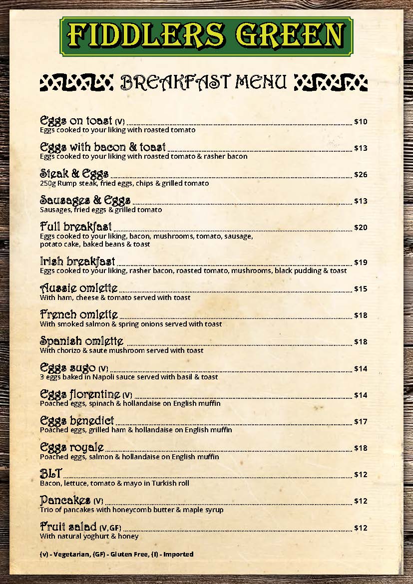 Fiddler's Green - Darwin | Menus