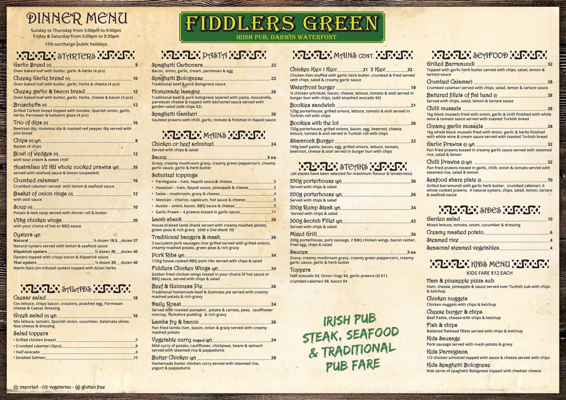 Fiddler's Green - Darwin | Menus
