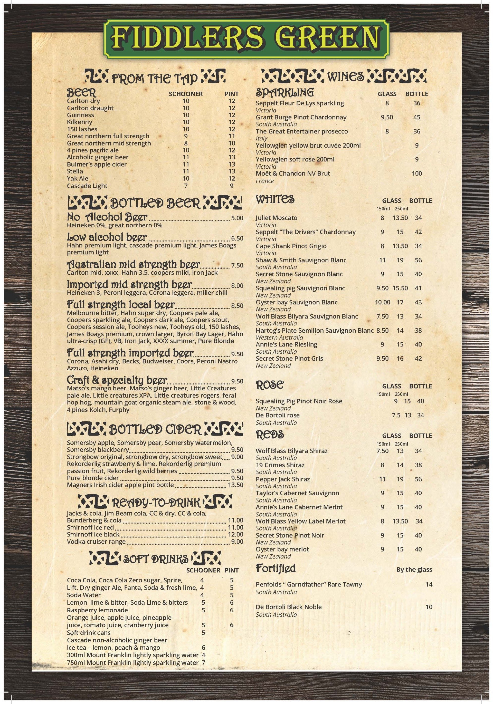 Fiddler's Green - Darwin | Menus