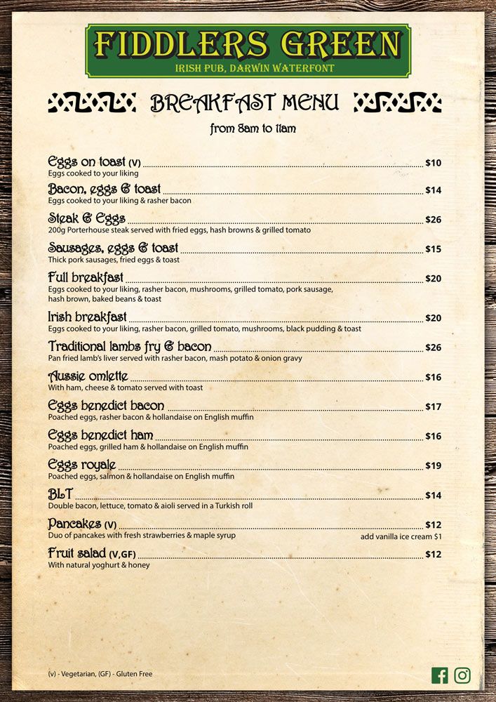 Fiddler's Green - Darwin | Menus