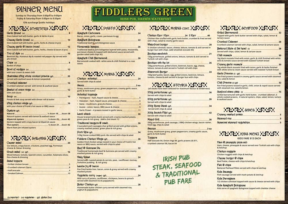 Fiddler's Green - Darwin | Menus