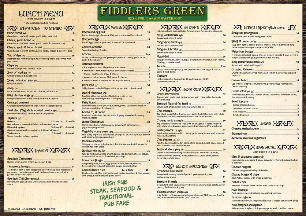 Fiddler's Green - Darwin | Menus