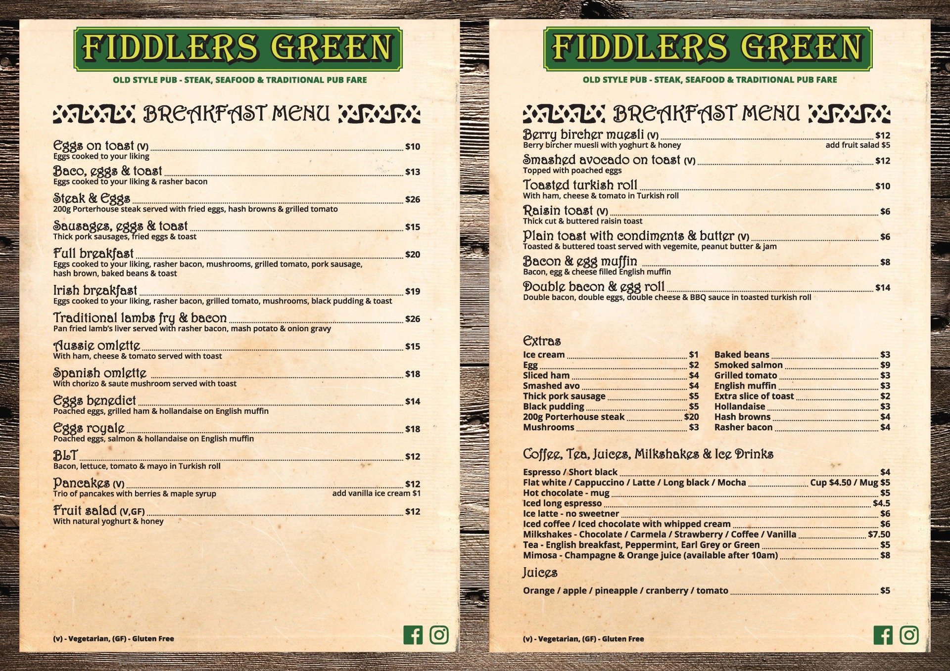 Fiddler's Green - Darwin | Menus