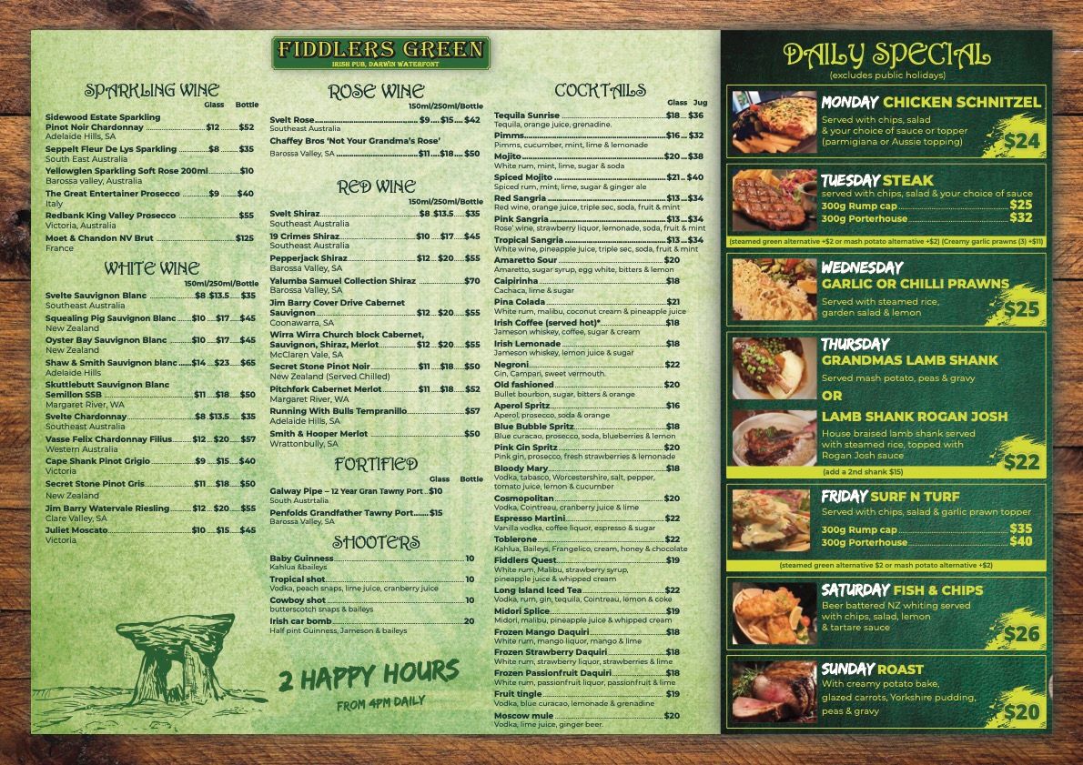 Fiddler's Green - Darwin | Menus