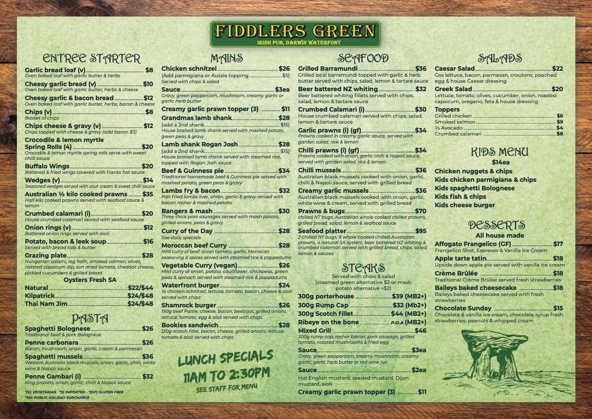 Fiddler's Green - Darwin | Menus