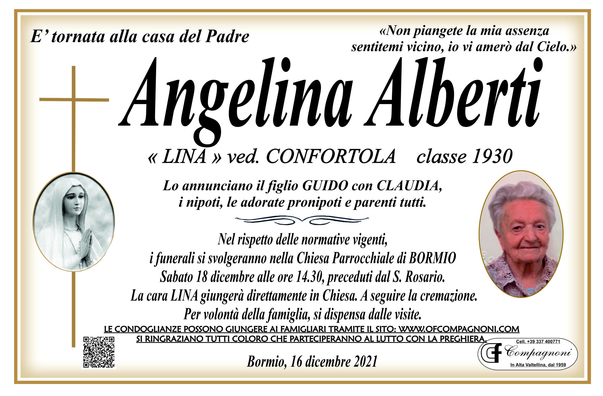 Lutto Angelina Alberti | Necrologi Bormio, Valfurva